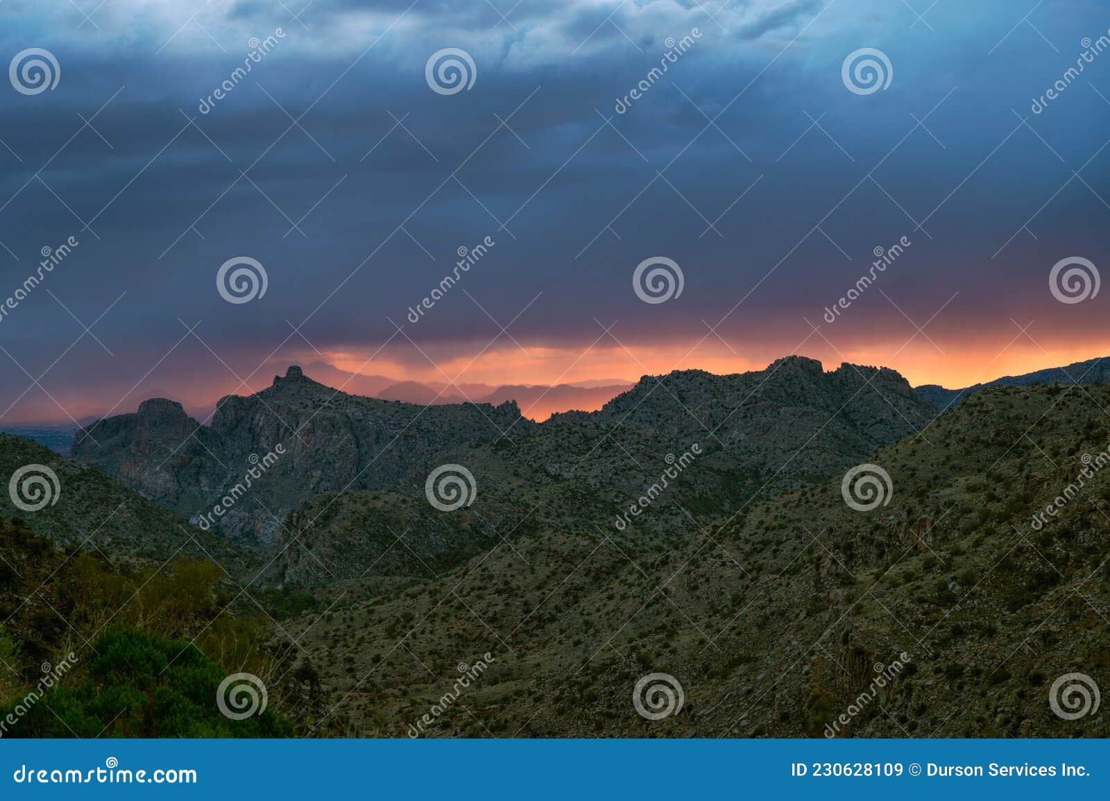 Dramatic Sunset Sky with Monsoon Rain Over Thimble Peak in Tucson Stock ...
