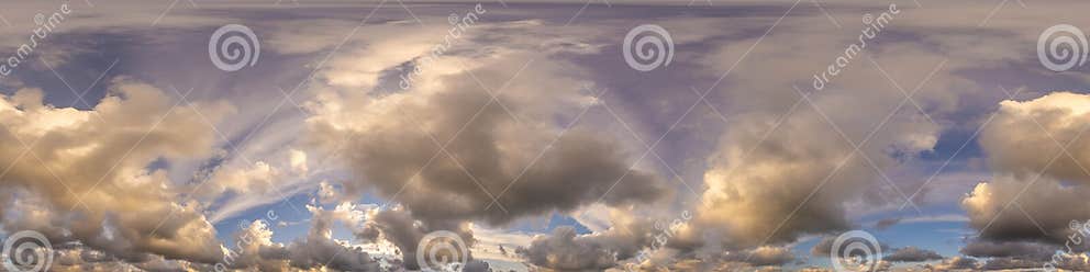 Dramatic Sunset Sky Panorama with Cumulus Clouds. Seamless Hdr 360 Pano ...
