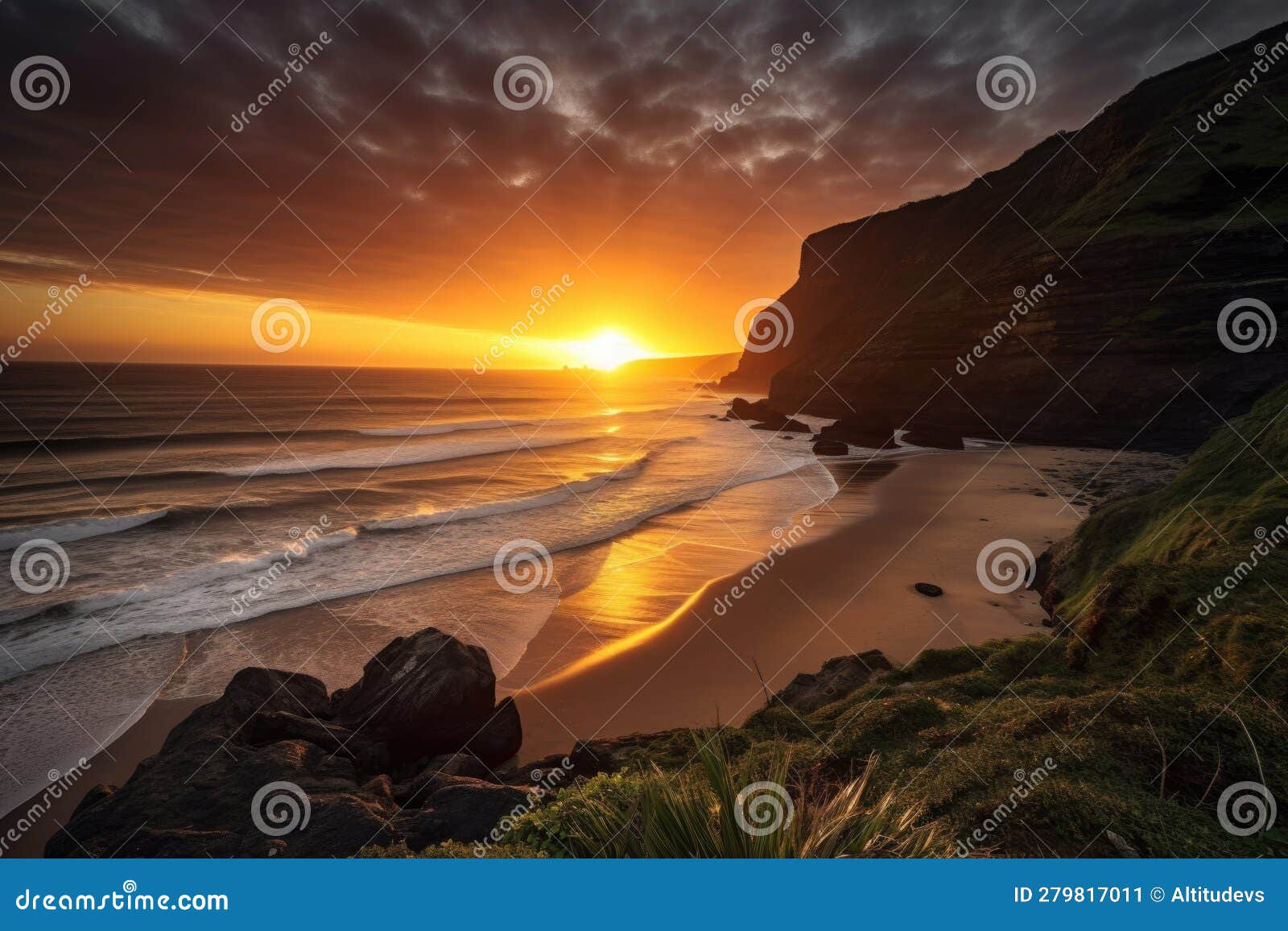 Dramatic Sunset, with the Sun Setting Over a Cliff-side Beach Stock ...