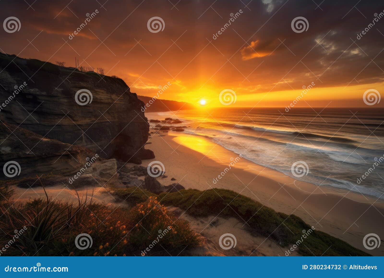 Dramatic Sunset, with the Sun Setting Over a Cliff-side Beach Stock ...