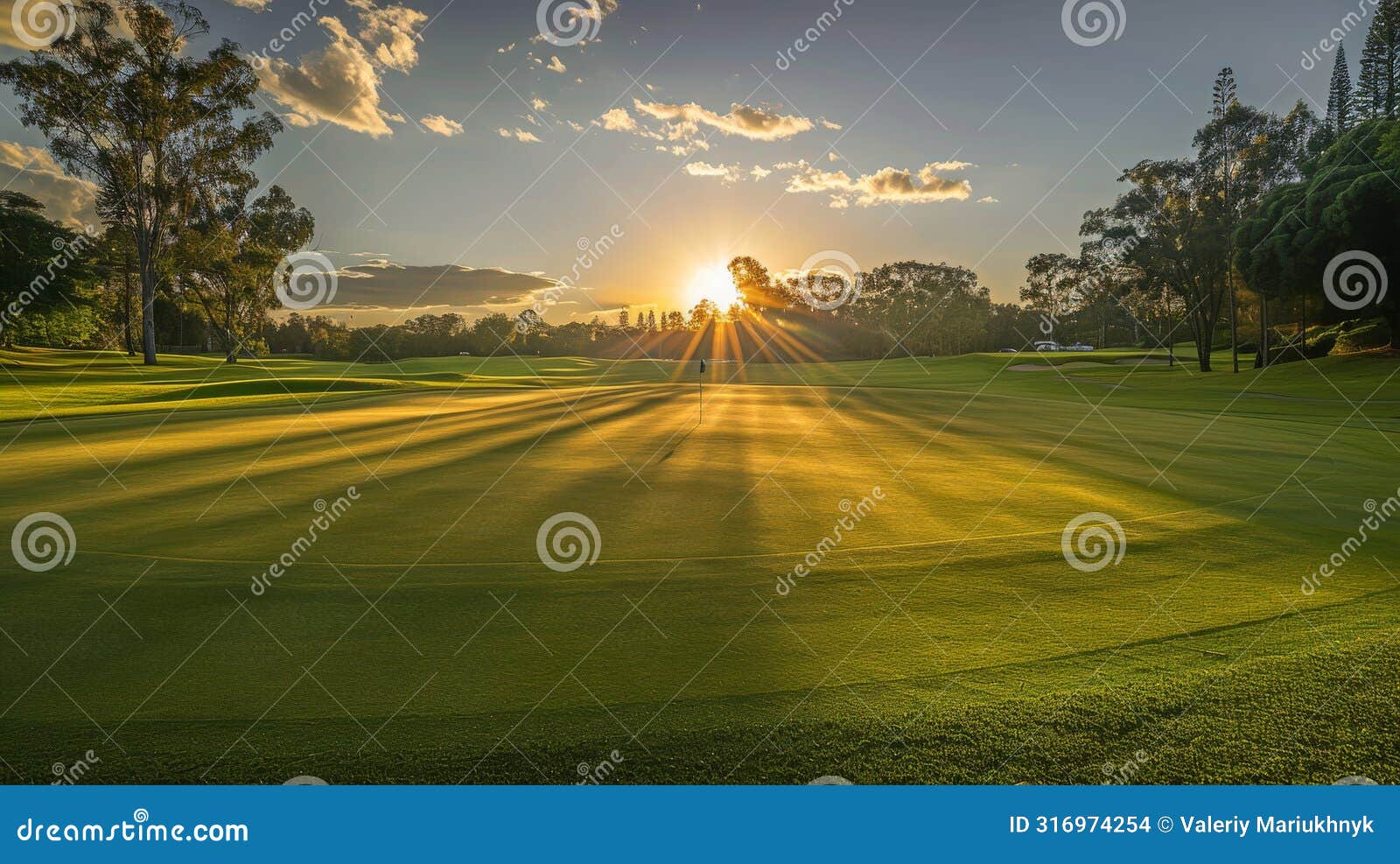 Dramatic Sunset View on a Peaceful Golf Course Landscape. Generative AI ...