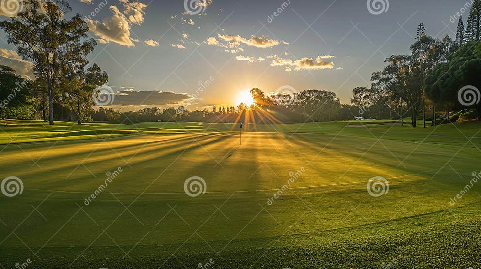 Dramatic Sunset View on a Peaceful Golf Course Landscape. Generative AI ...