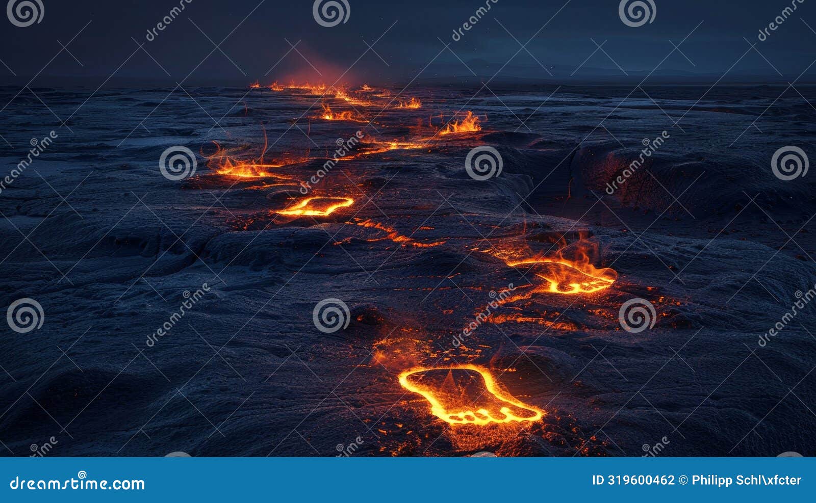 A Dramatic and Surreal Image Depicting a Trail of Burning Footprints on ...