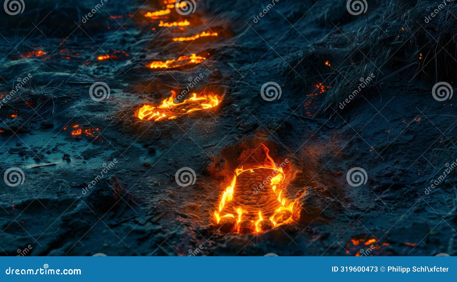 A Dramatic and Surreal Image Depicting a Trail of Burning Footprints on ...