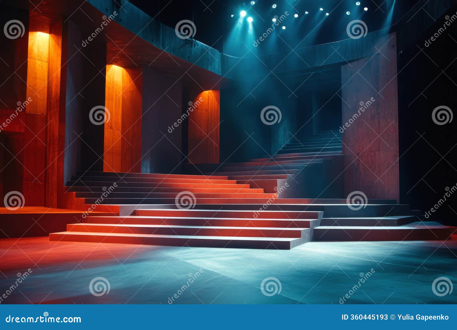 Dramatic Theater Stage with Illuminated Steps in Vibrant Colors and ...