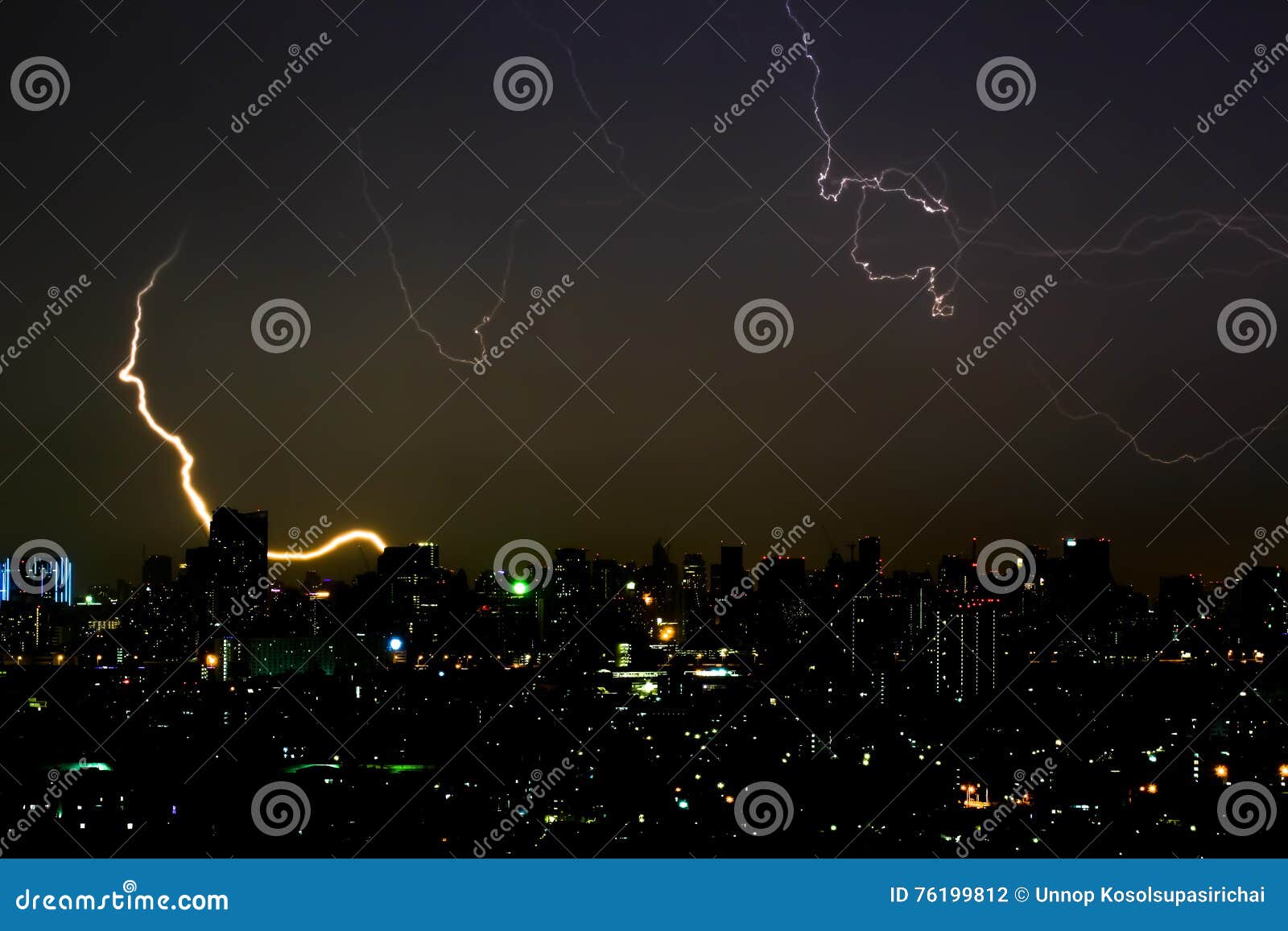Dramatic Thunder Storm Lightning Bolt on the Horizontal Sky and City ...