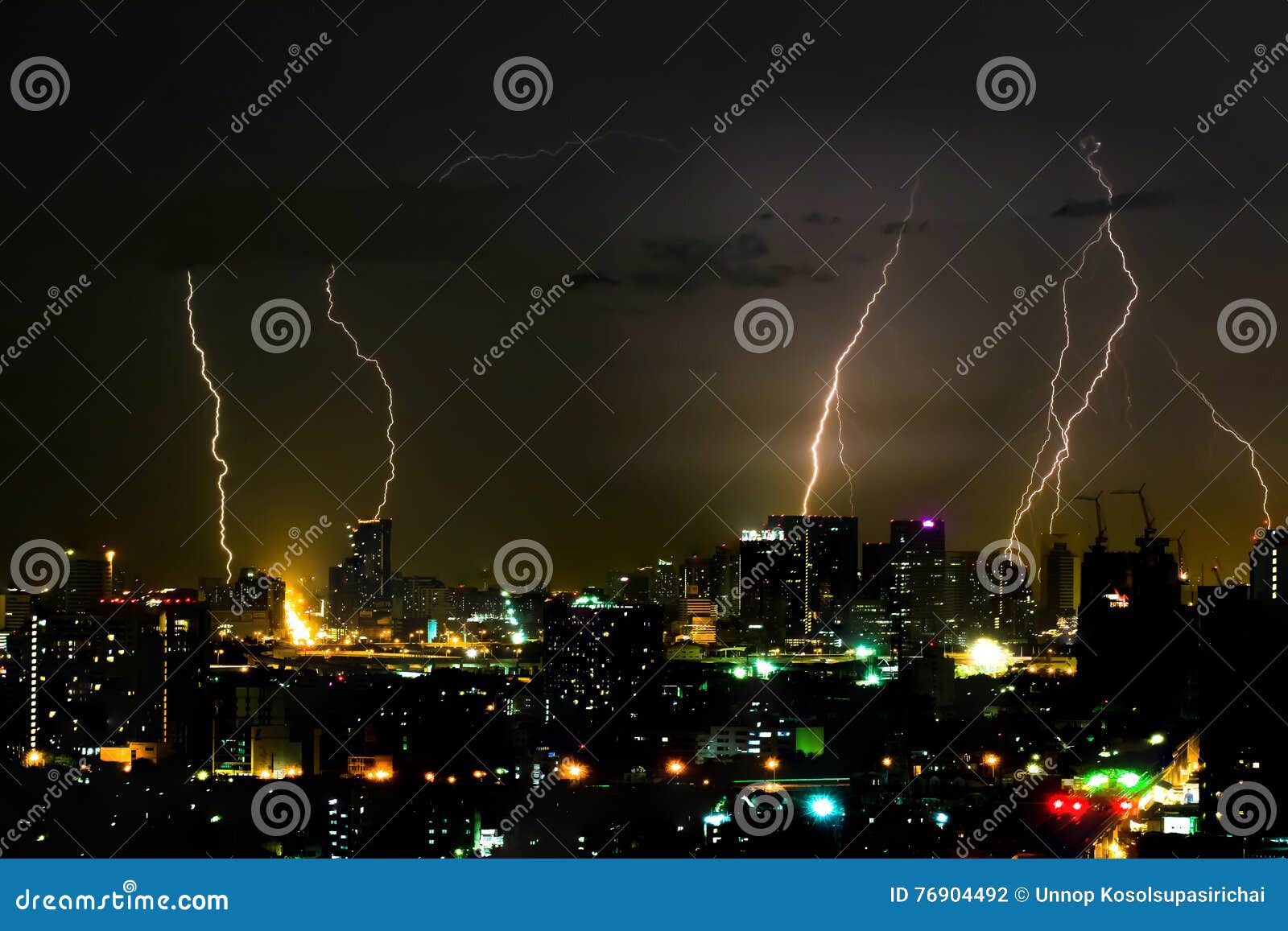 Dramatic Thunder Storm Lightning Bolt on the Horizontal Sky and City ...