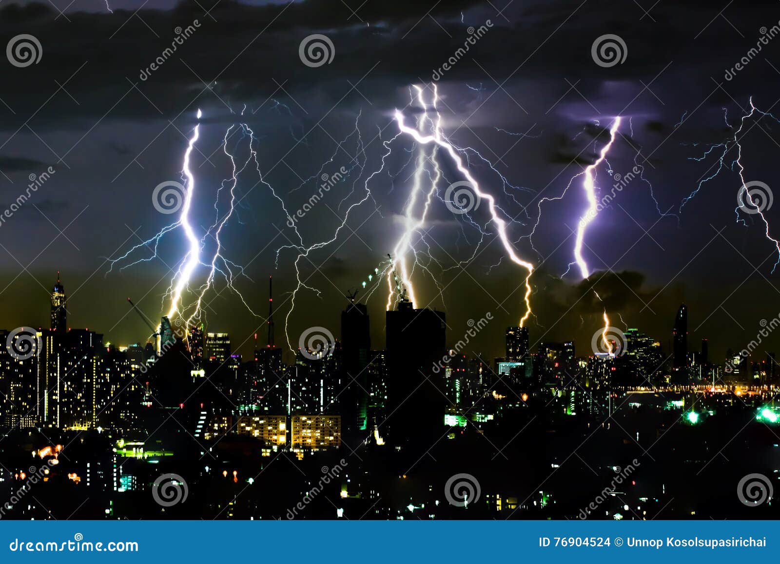 Dramatic Thunder Storm Lightning Bolt on the Horizontal Sky and City ...