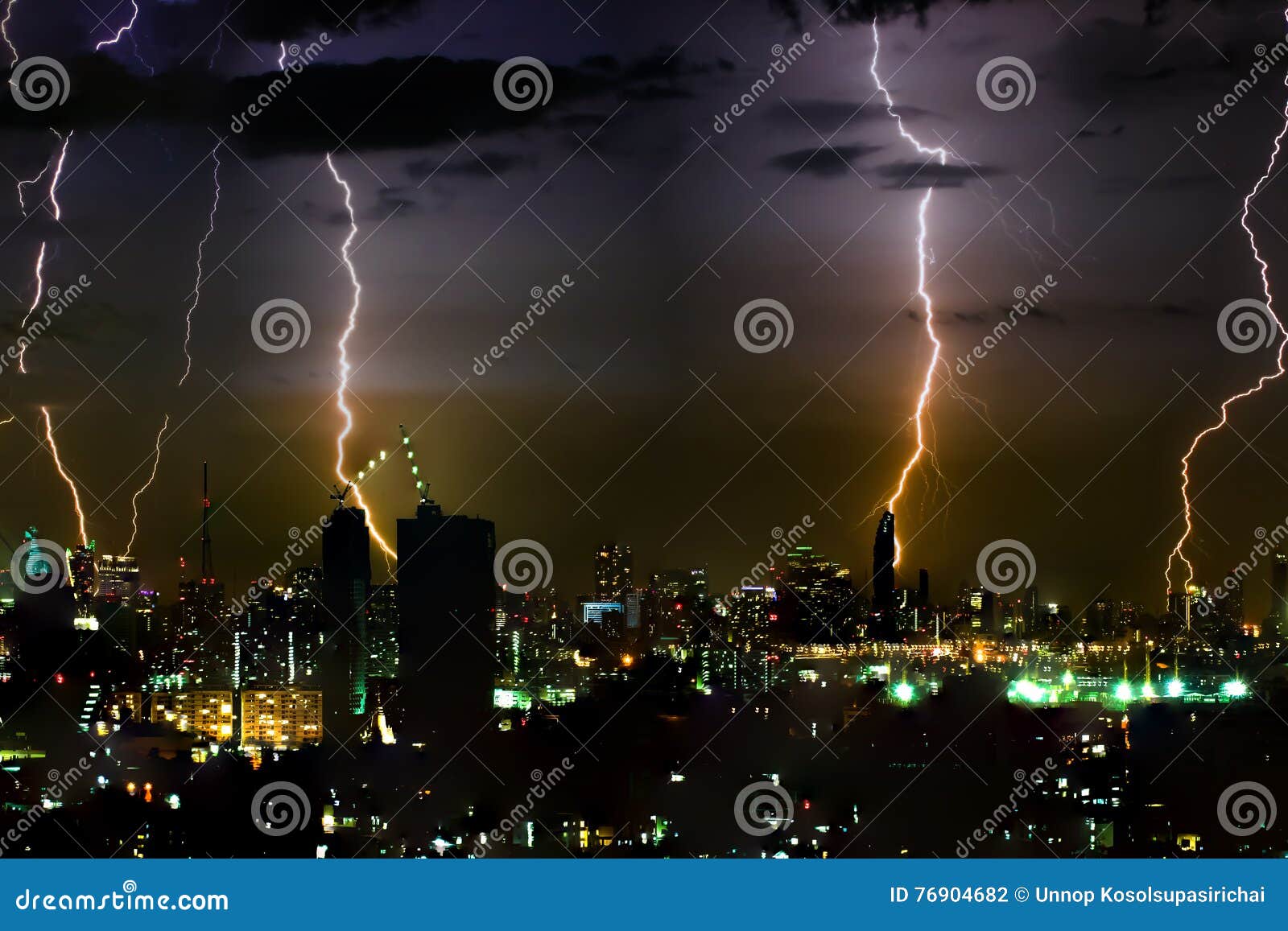 Dramatic Thunder Storm Lightning Bolt on the Horizontal Sky and City ...