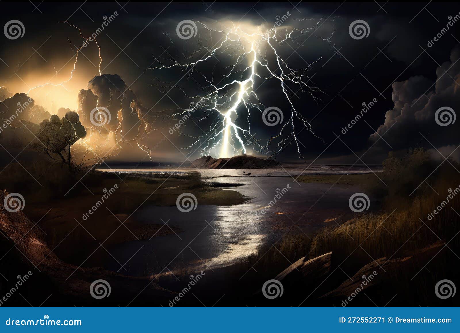 Dramatic Thunderstorm with Lightning Bolts Striking the Ground and ...
