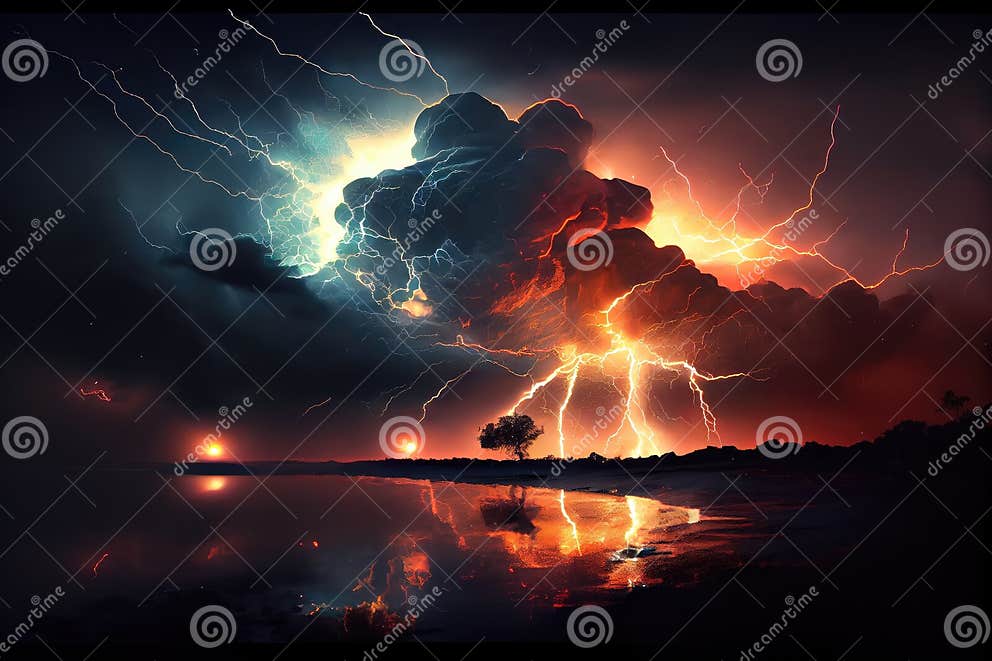 Dramatic Thunderstorm, with Lightning Illuminating the Night Sky and ...