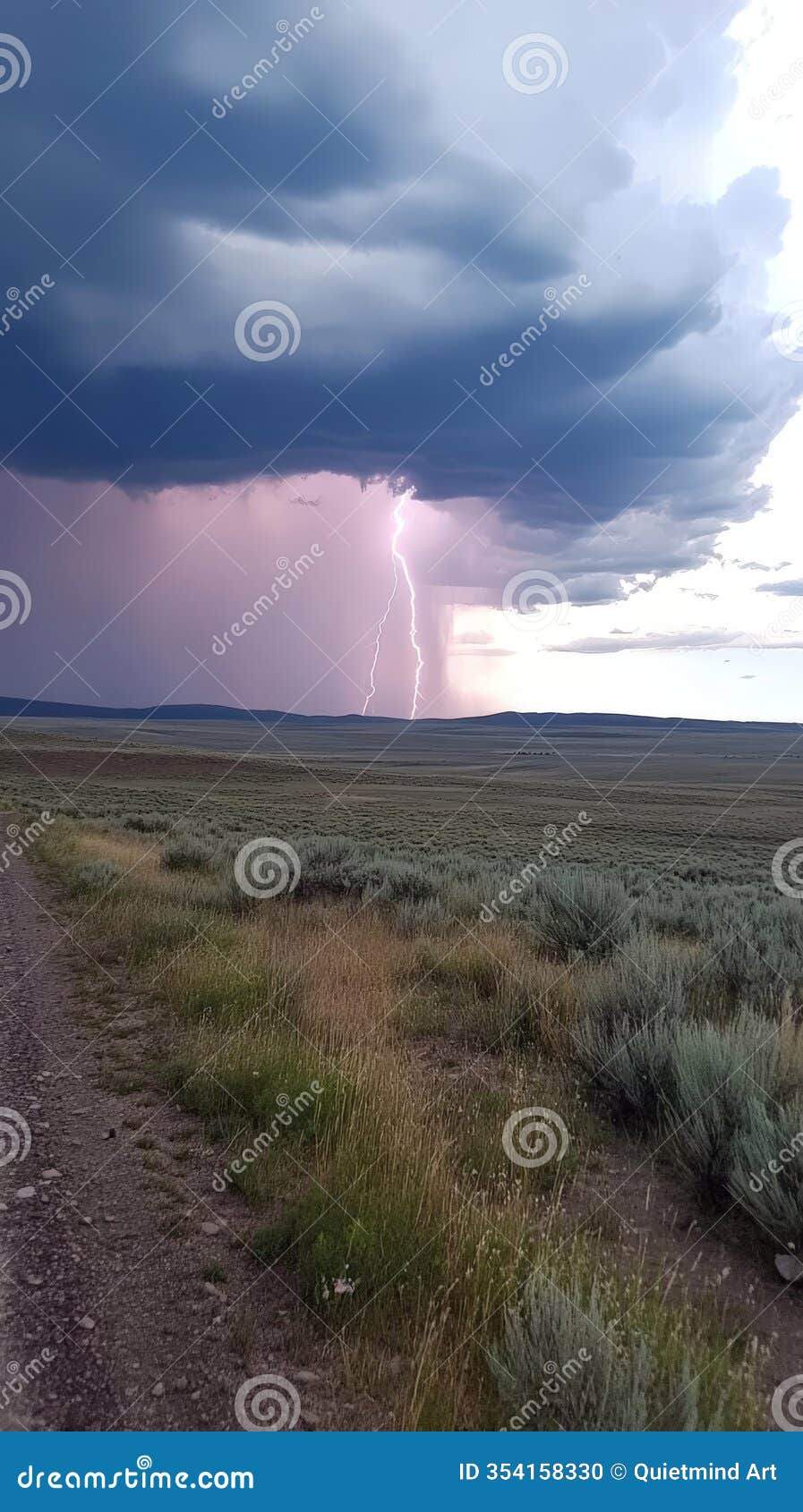 Dramatic Thunderstorm with Lightning Over Open Plain Landscape Stock ...