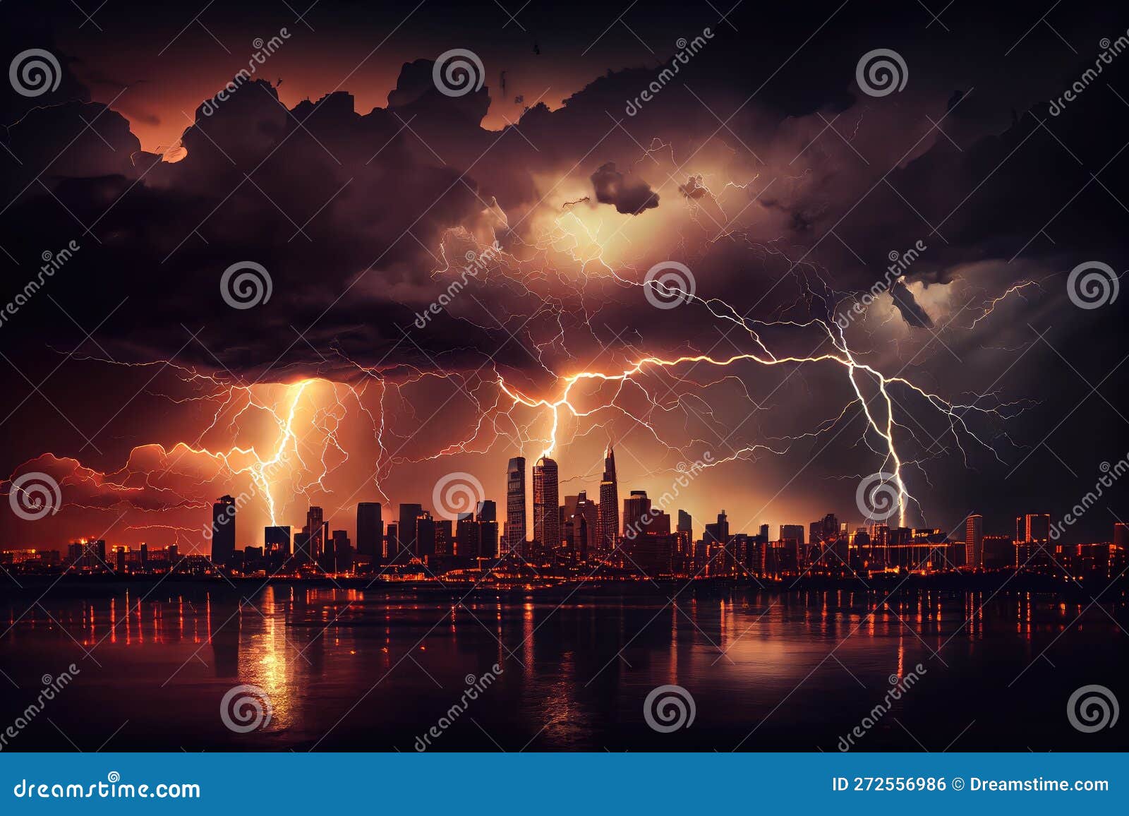 Dramatic Thunderstorm, with Lightning Striking Over City Skyline Stock ...