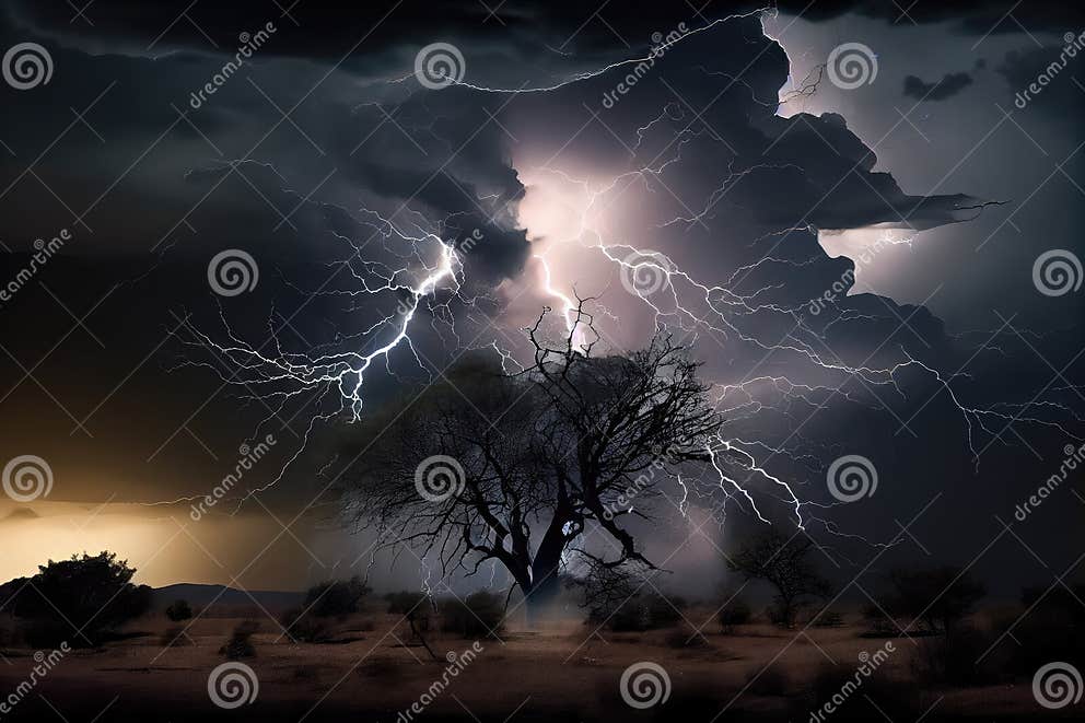 Dramatic Thunderstorm, with Lightning Striking Trees in the Background ...