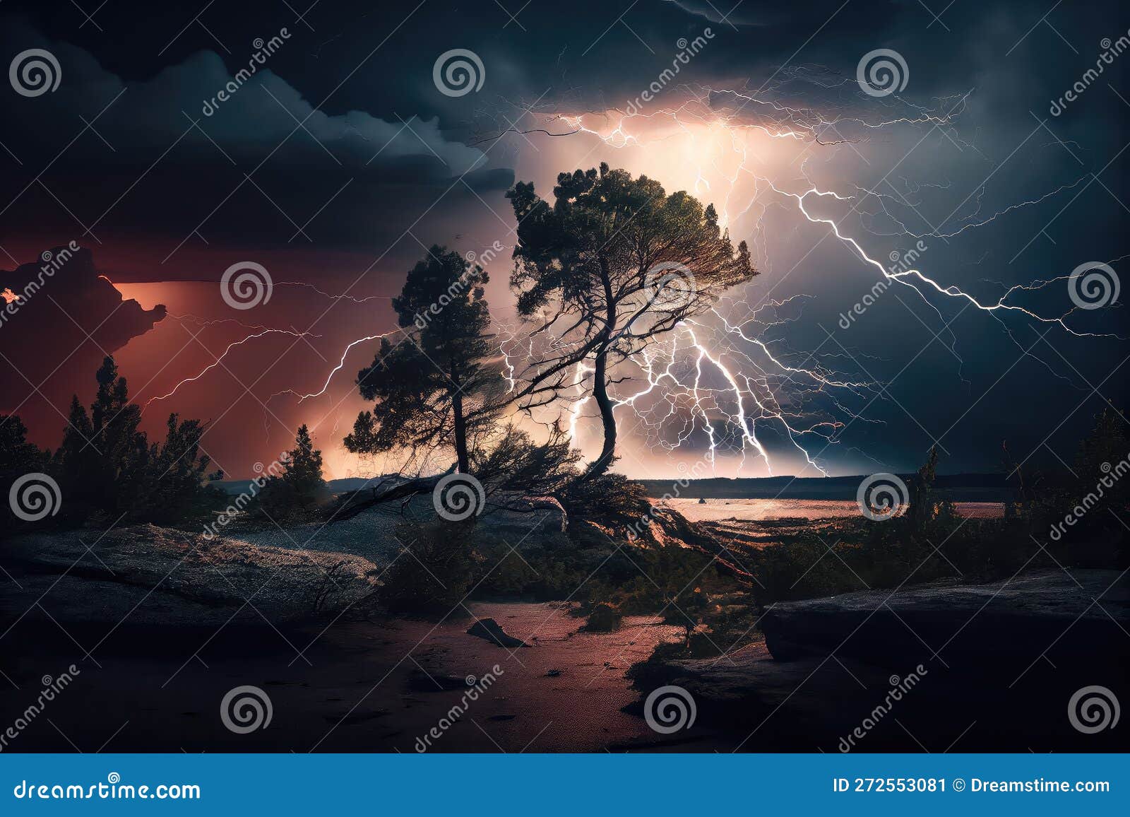 Dramatic Thunderstorm, with Lightning Striking Trees in the Background ...