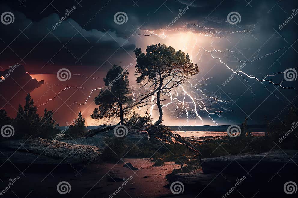 Dramatic Thunderstorm, with Lightning Striking Trees in the Background ...