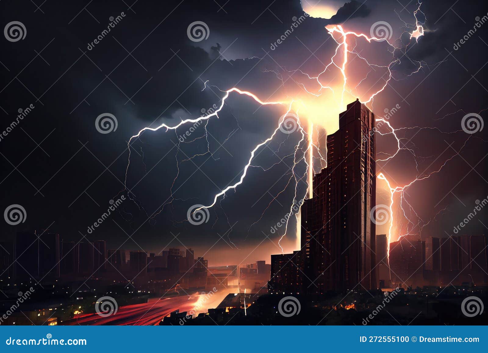 Dramatic Thunderstorm Over City, with Lightning Bolt Striking Tall ...
