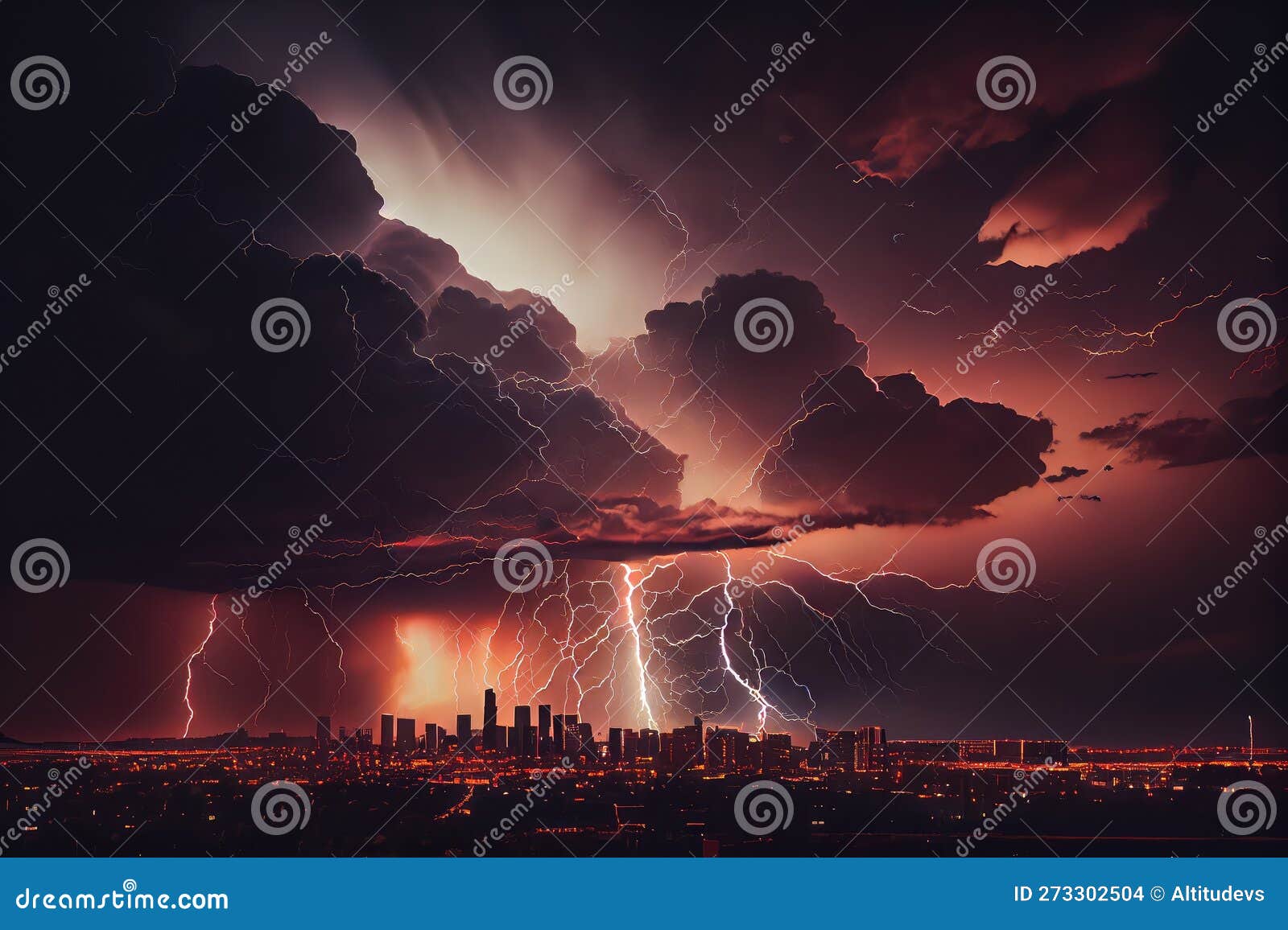 Dramatic Thunderstorm Over City, with Lightning Striking Buildings and ...