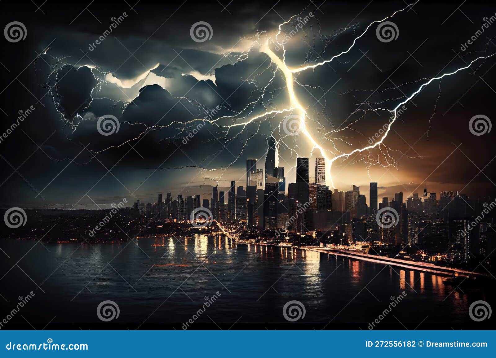 Dramatic Thunderstorm Over Cityscape, with Lightning Striking and Rain ...