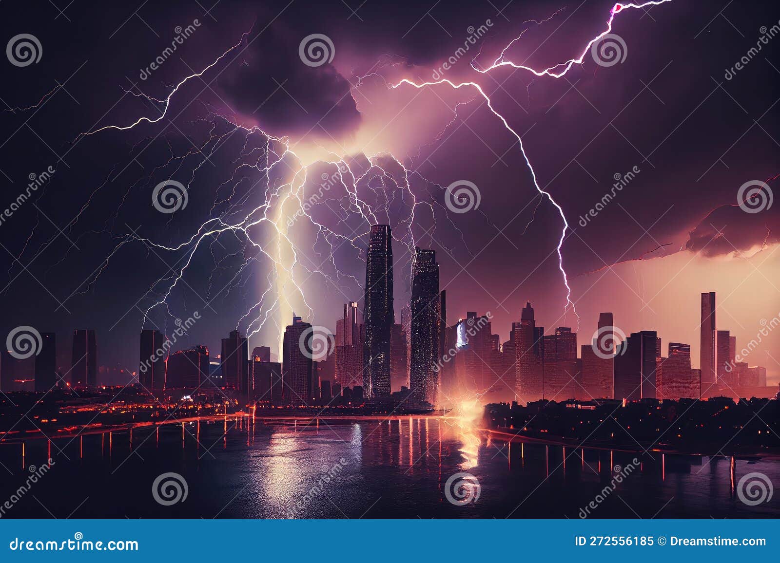 Dramatic Thunderstorm Over Cityscape, with Lightning Striking and Rain ...