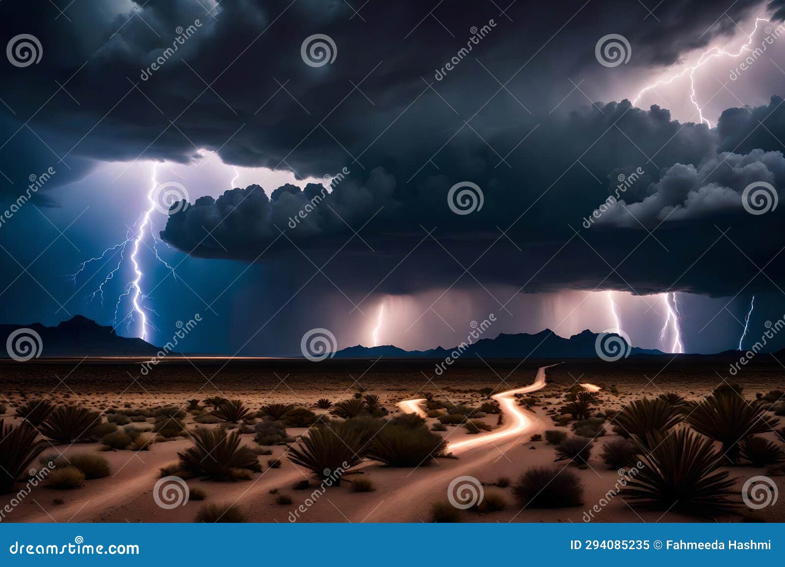 A Dramatic Thunderstorm Over a Desert Landscape, with Lightning ...