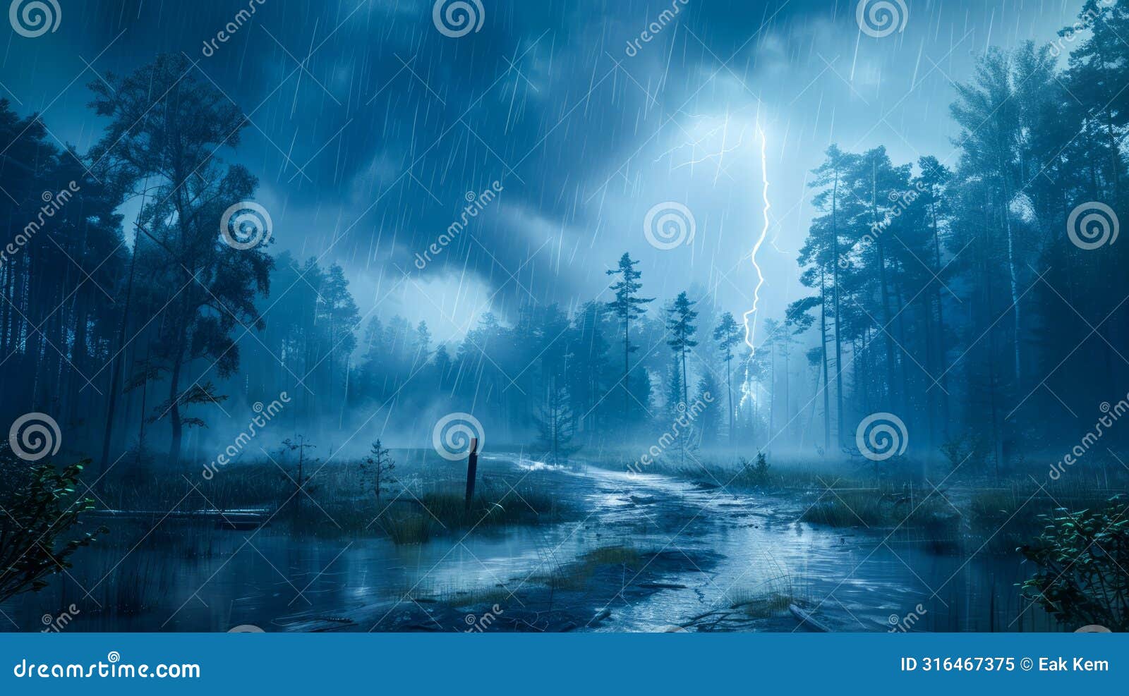 Dramatic Thunderstorm Over Forest with Lightning Strike and Heavy ...