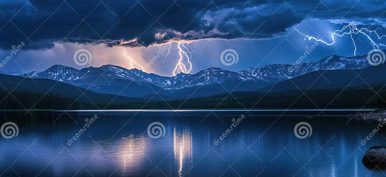 Dramatic Thunderstorm Over Mountain Lake with Lightning Strikes and Reflections, Copy Space for ...