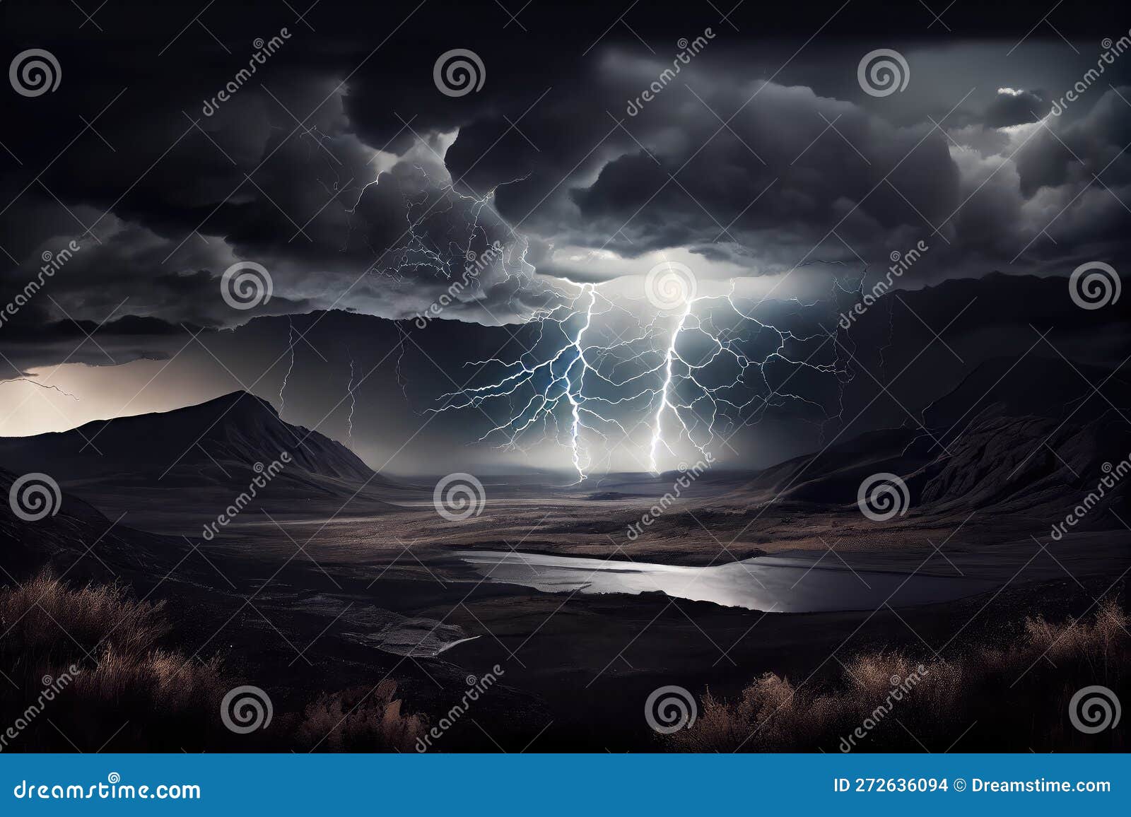Dramatic Thunderstorm Over Valley, with Lightning Striking and Rain ...