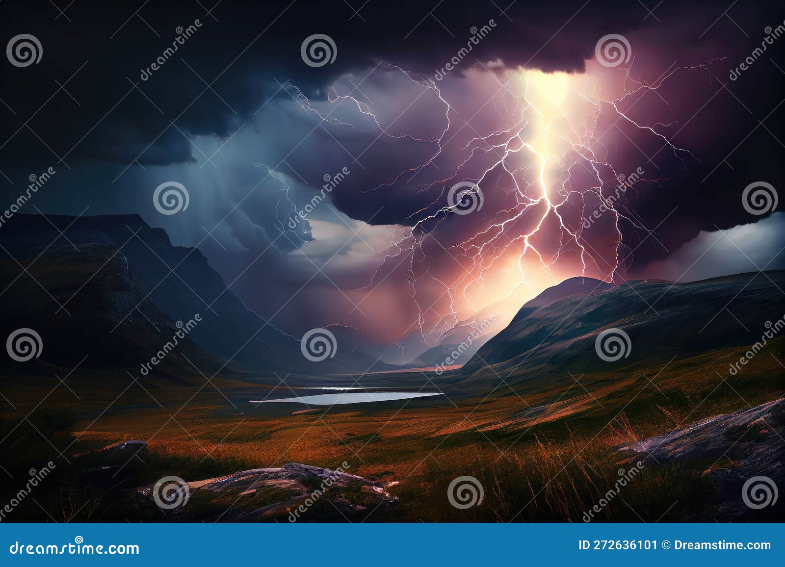 Dramatic Thunderstorm Over Valley, with Lightning Striking and Rain ...