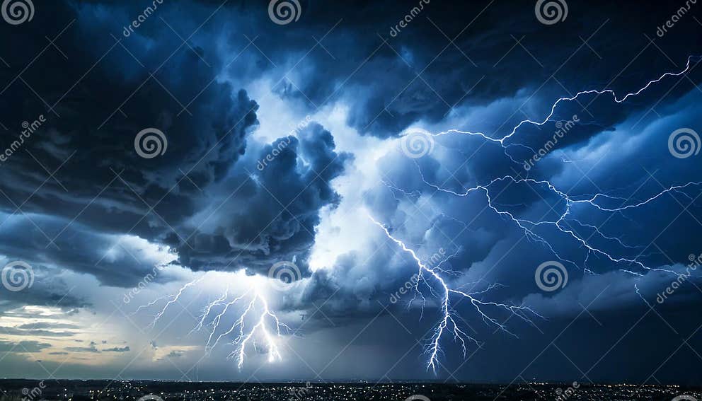 Dramatic Thunderstorm Sky with Lightning and Rain Clouds Stock ...