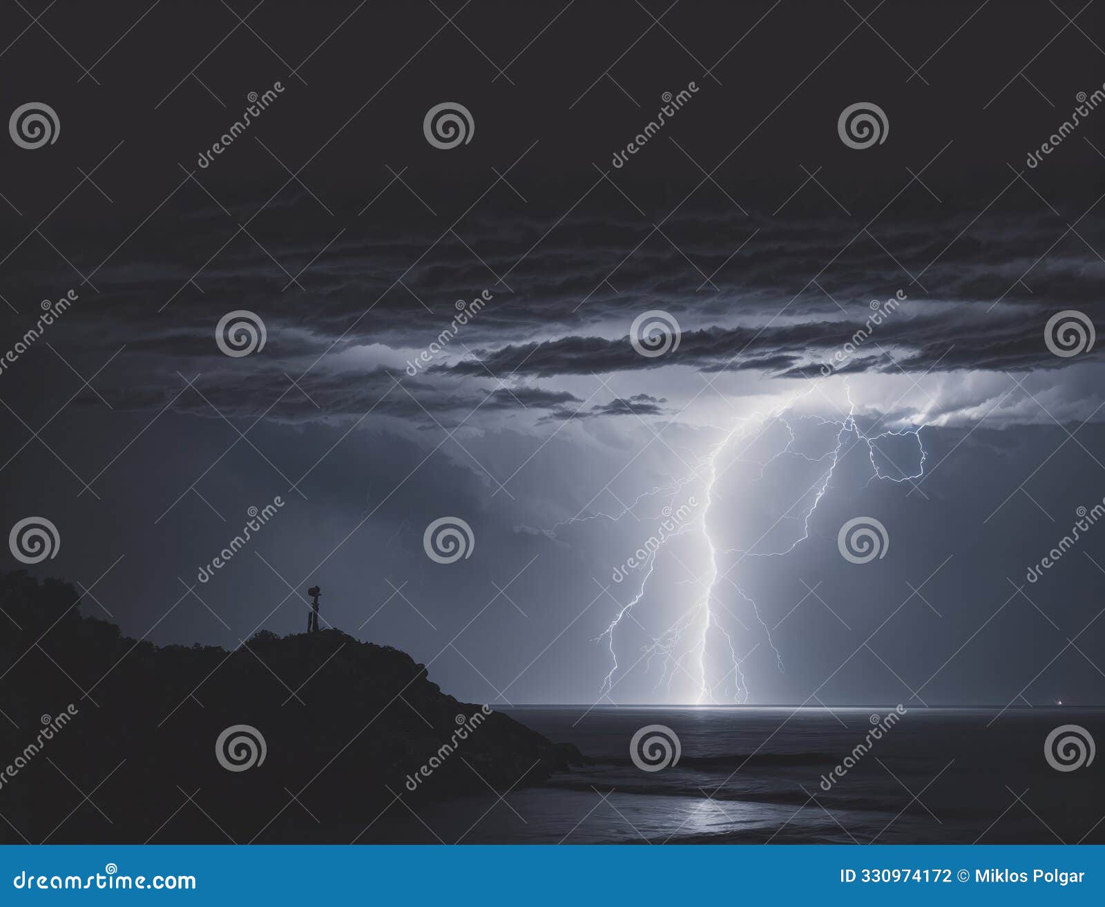Dramatic Thunderstorm with Striking Lightning Over Ocean at Night Stock ...