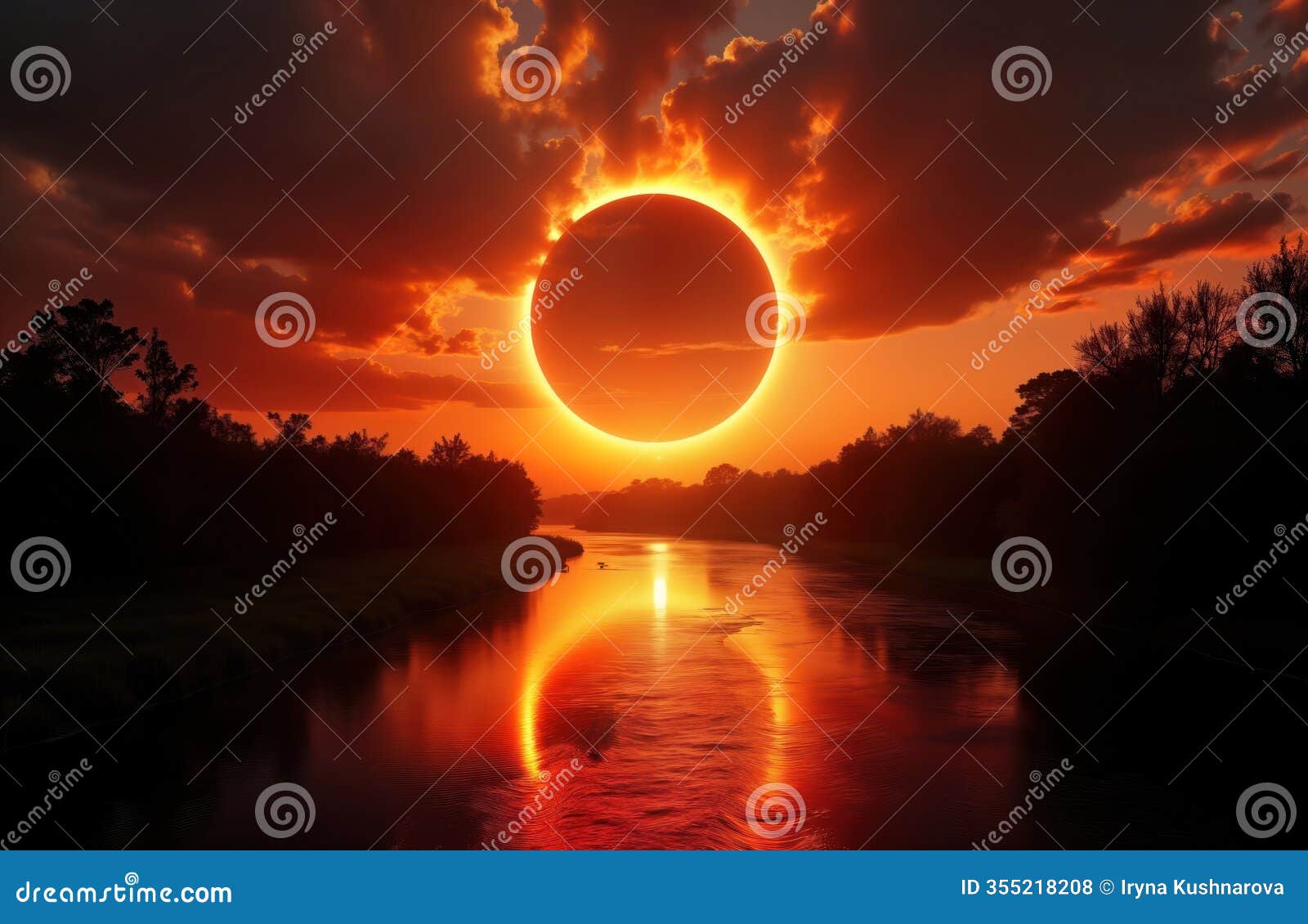 Dramatic Total Solar Eclipse Over River, Trees. Sunset Colours Reflect ...