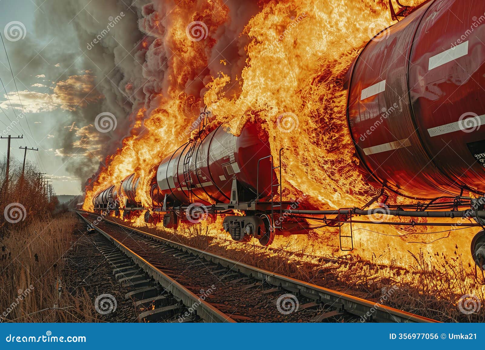 Dramatic Train Fire Emergency Scene on Railroad Tracks for Crisis ...