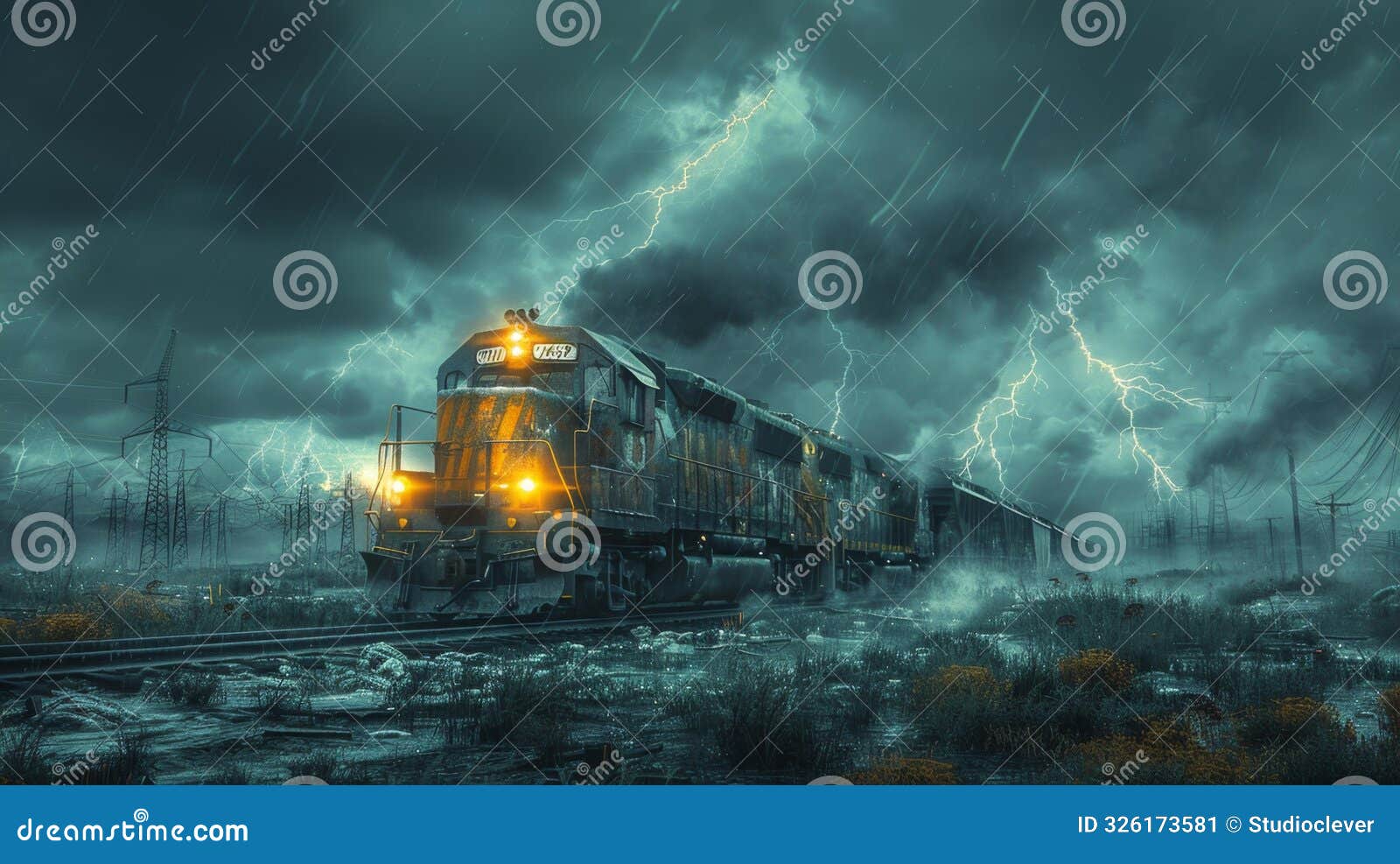 Dramatic Train in Thunderstorm - Generative Ai Stock Illustration ...