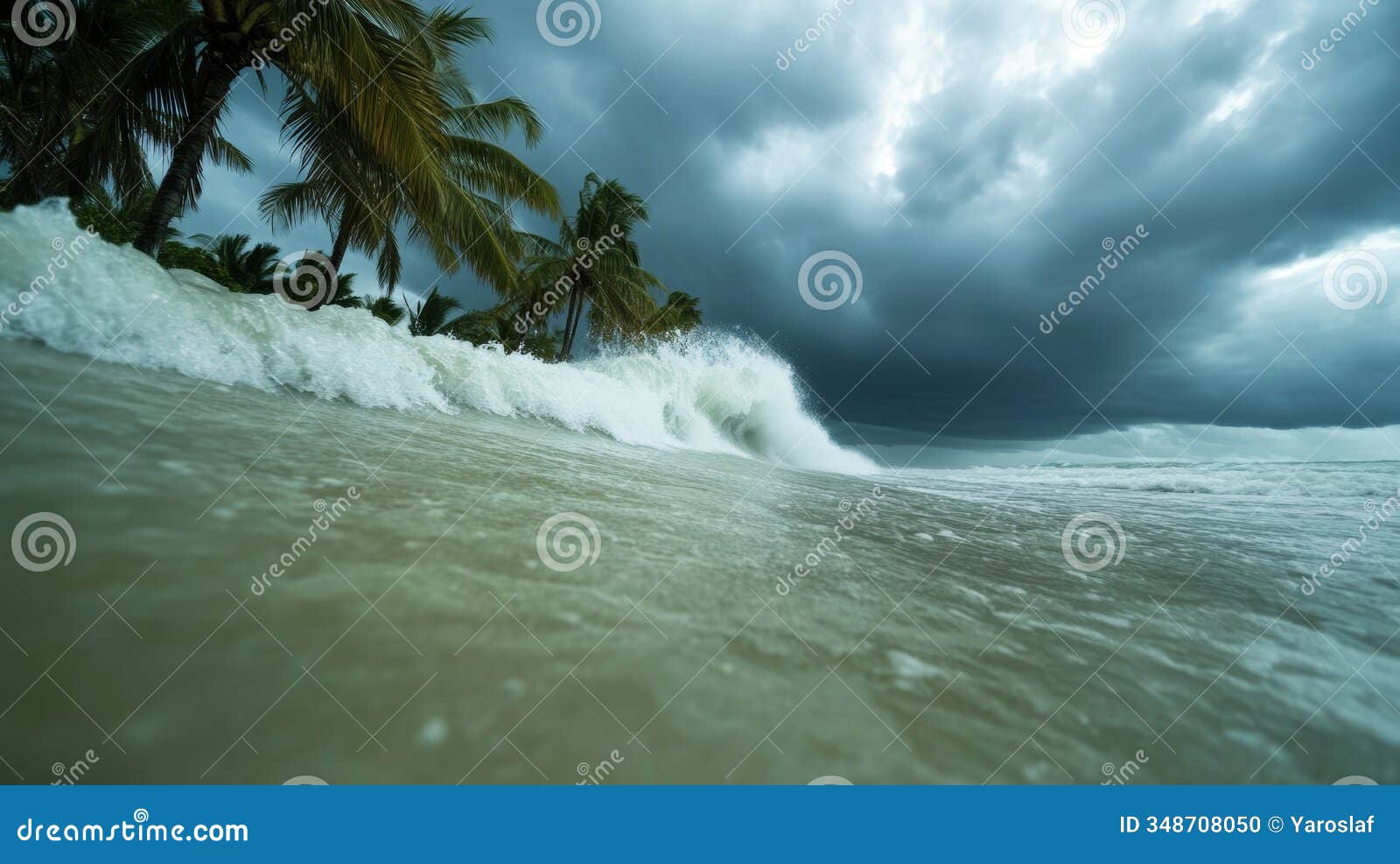 Dramatic Tsunami Wave Hitting a Tropical Shore, Bending Palm Trees in ...