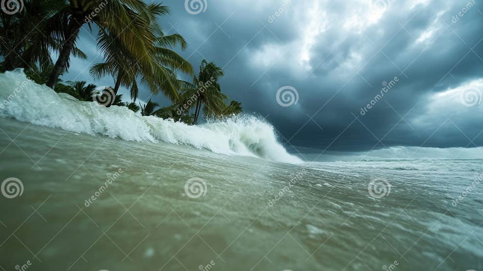 Dramatic Tsunami Wave Hitting a Tropical Shore, Bending Palm Trees in ...