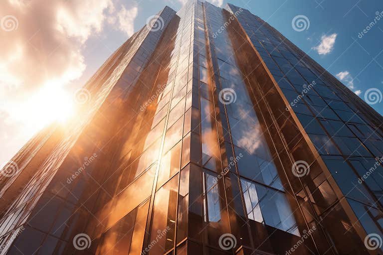 Dramatic Upward Angle of a Glass Skyscraper Reflecting Sunlight Stock ...