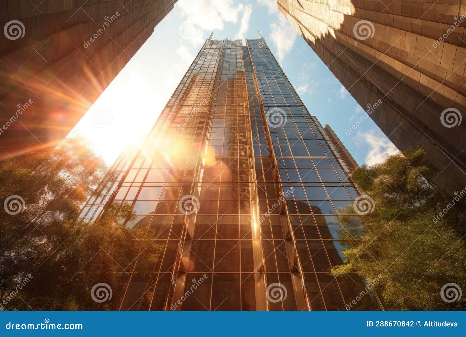 Dramatic Upward Angle of a Glass Skyscraper Reflecting Sunlight Stock ...