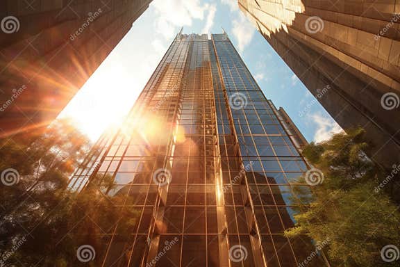 Dramatic Upward Angle of a Glass Skyscraper Reflecting Sunlight Stock ...