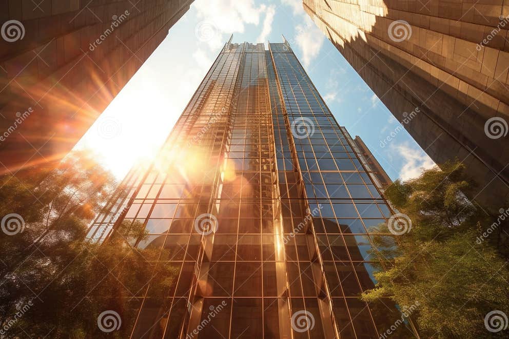 Dramatic Upward Angle of a Glass Skyscraper Reflecting Sunlight Stock ...
