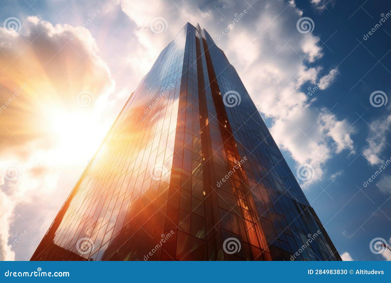 Dramatic Upward Angle of a Glass Skyscraper Reflecting Sunlight Stock ...