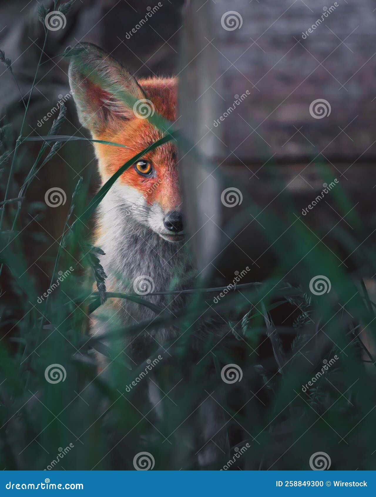 Dramatic Vertical Shot of a Red Fox Peeking Behind the Green Grass ...