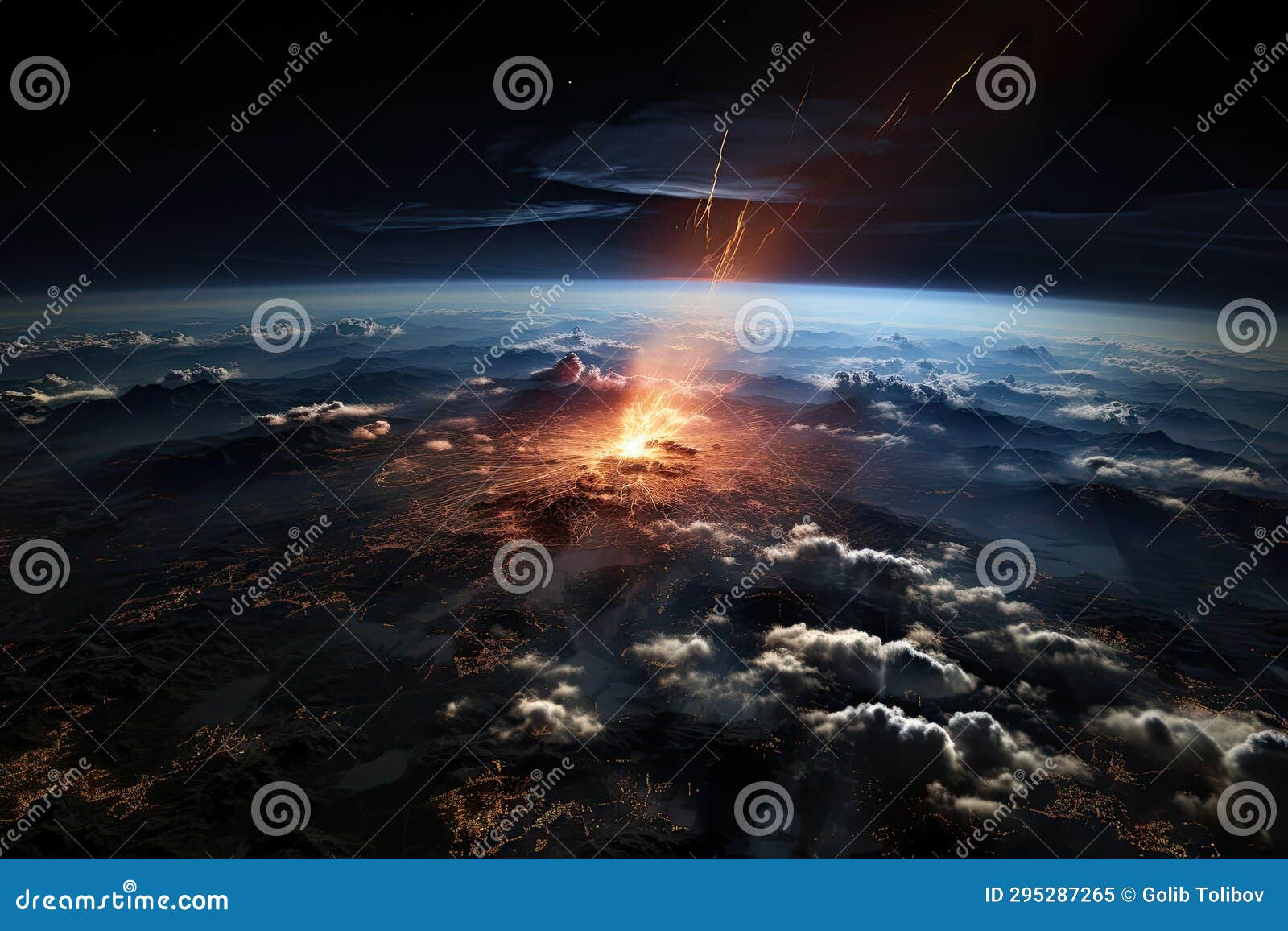A Dramatic View of a Asteroid Exploding Over the Earth Stock ...