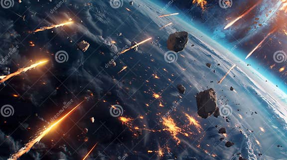 Dramatic View of Asteroids Colliding with Earth in Deep Space. Stock ...