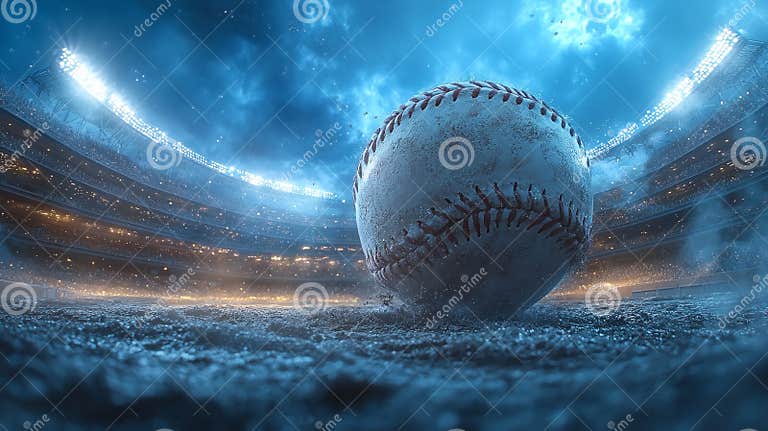 A Dramatic View of a Baseball on the Field Under Stadium Lights at ...