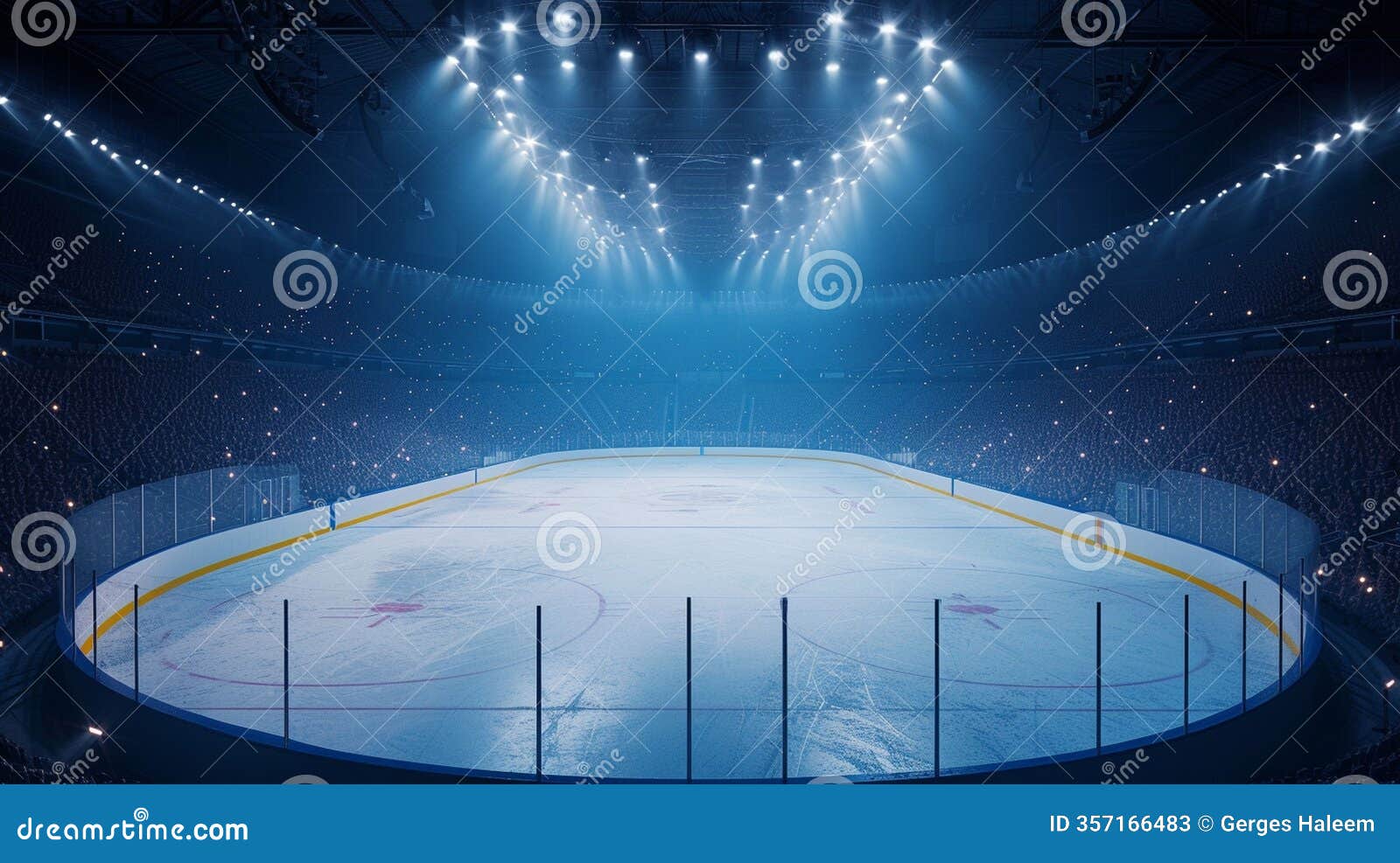 A Dramatic View of an Empty Indoor Ice Hockey Rink Under Bright Lights ...
