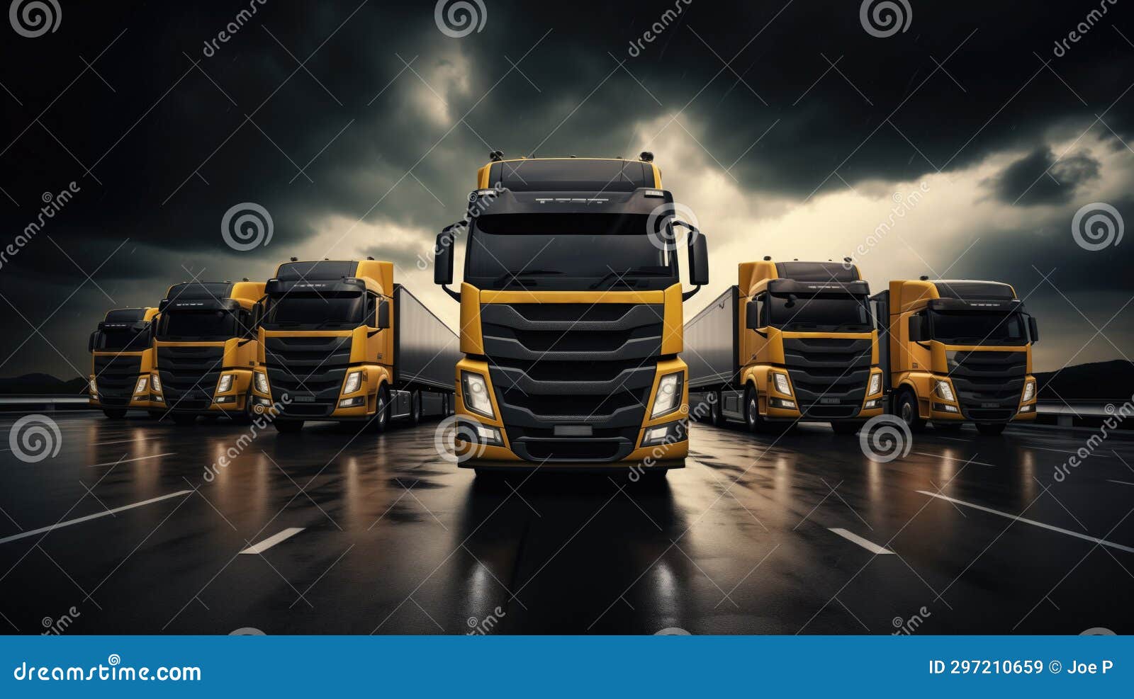 Dramatic View of a Group of Freight Cargo Trucks Driving in Parallel in ...