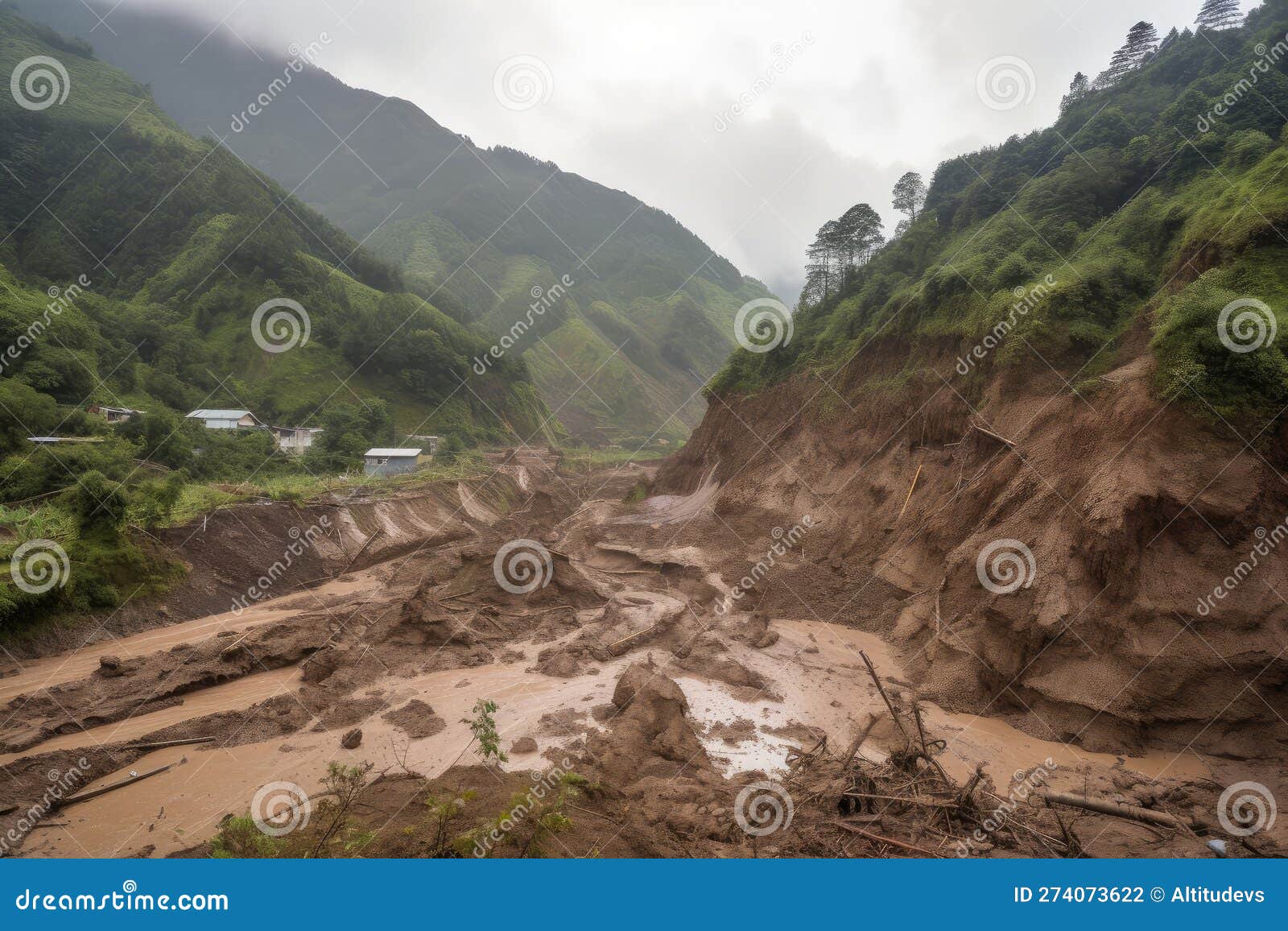 Dramatic View of Landslide with Debris and Mud Flowing Down the Hillside Stock Illustration ...