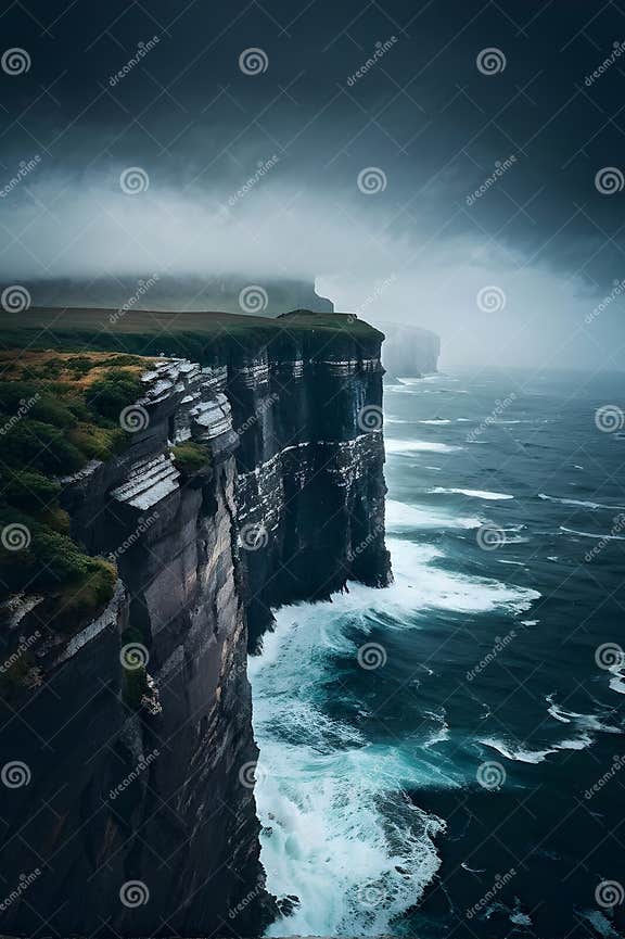 Dramatic View of Lush Undulating Cliffs with Breaking Ocean Waves Stock ...