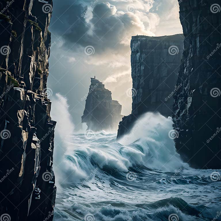 Dramatic View of Lush Undulating Cliffs with Breaking Ocean Waves Stock ...
